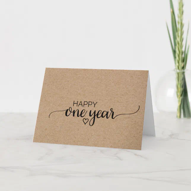 Simple Faux Kraft Calligraphy One Year Anniversary Card | Zazzle