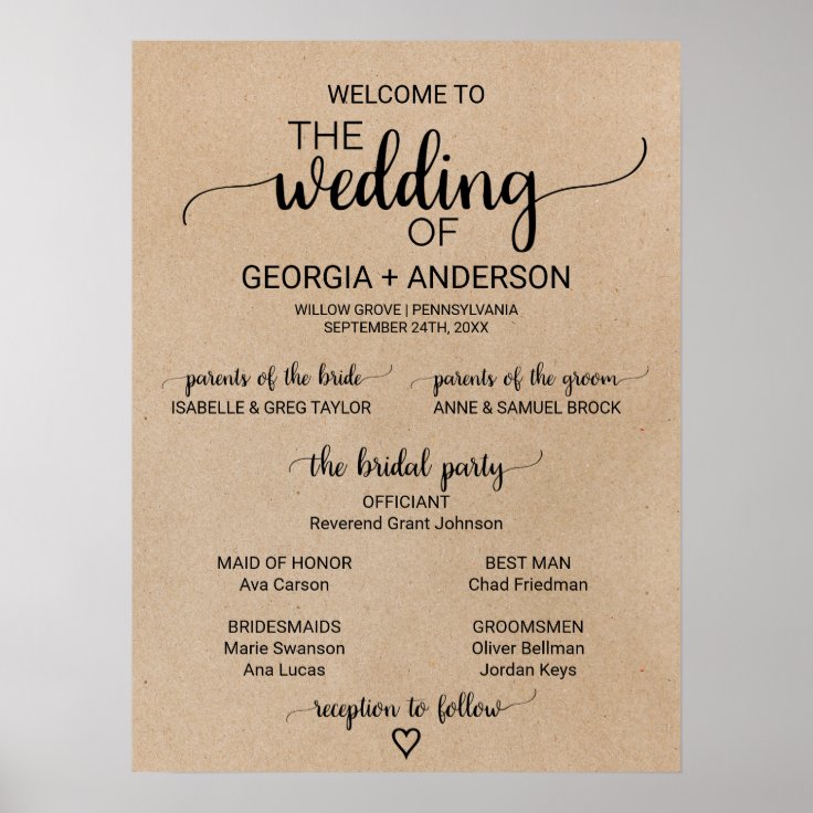 Simple Faux Kraft Calligraphy Wedding Program Poster | Zazzle