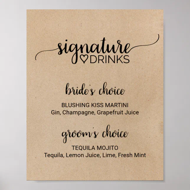 Simple Faux Kraft Signature Drinks Sign | Zazzle