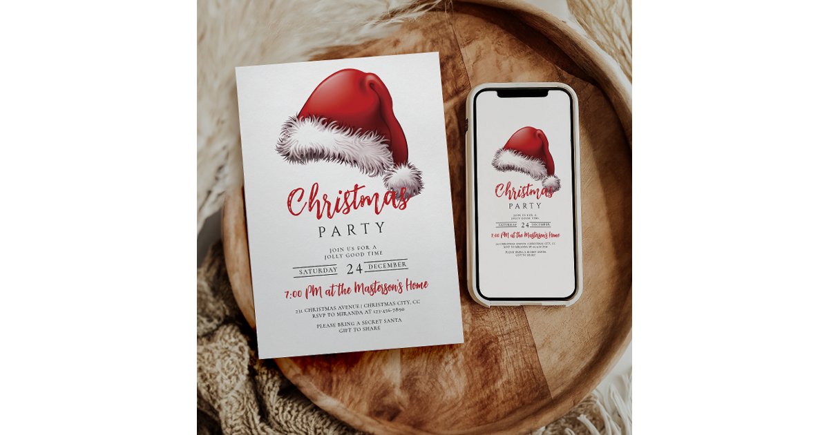 Simple Festive Santa Hat Christmas Party Invitation | Zazzle