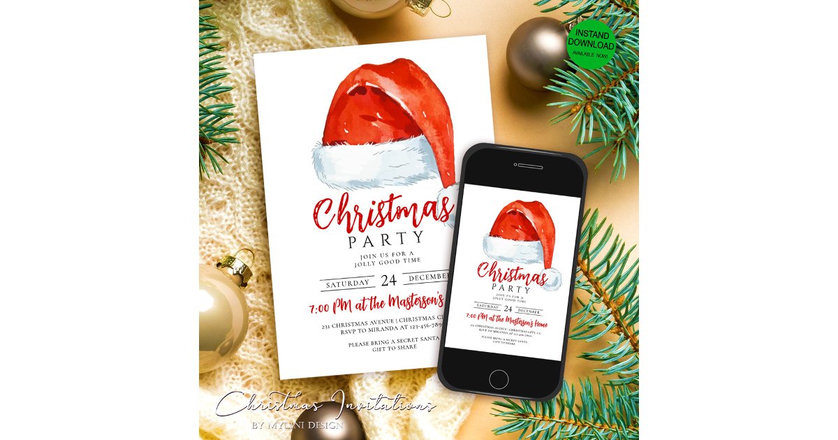 Simple Festive Santas Hat Christmas Party Invitation | Zazzle