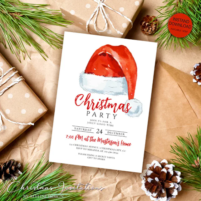 Simple Festive Santas Hat Christmas Party Invitation | Zazzle