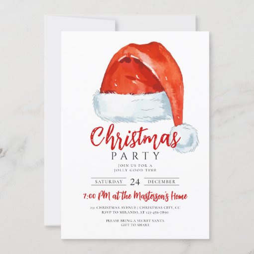 Simple Festive Santas Hat Christmas Party Invitation | Zazzle
