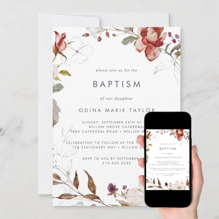 Simple Floral Baptism Invitation | Zazzle