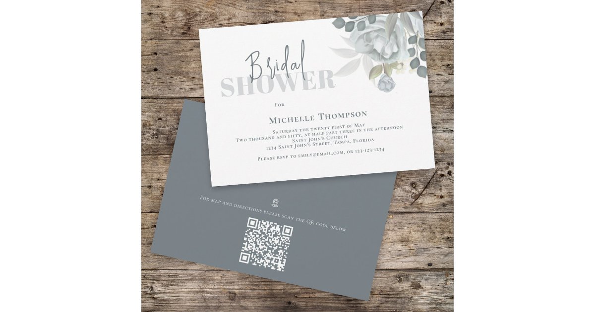 Simple Floral Bridal Shower Blue QR Code Map Invitation | Zazzle