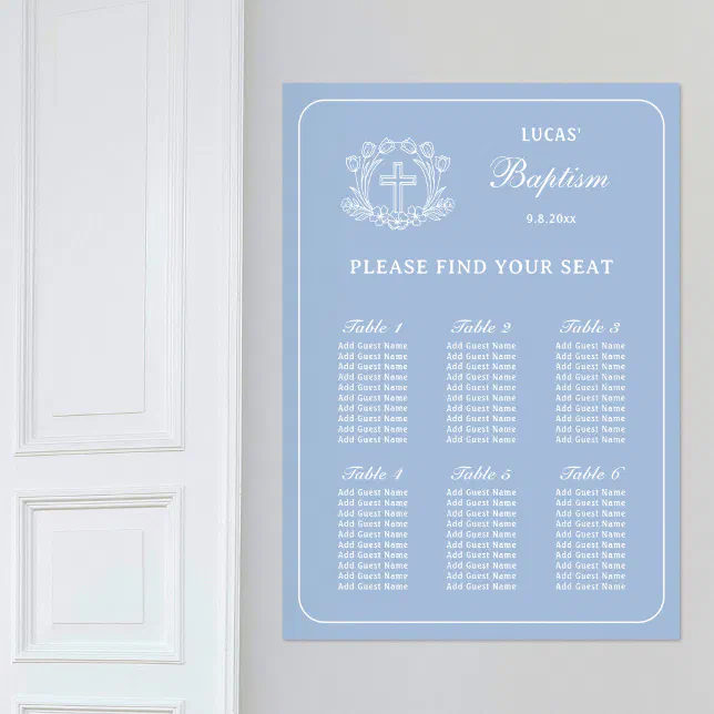 Simple Floral Cross on Blue Baptism Seating Chart | Zazzle