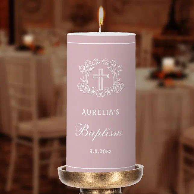 Simple Floral Cross on Pink Baptism Pillar Candle | Zazzle