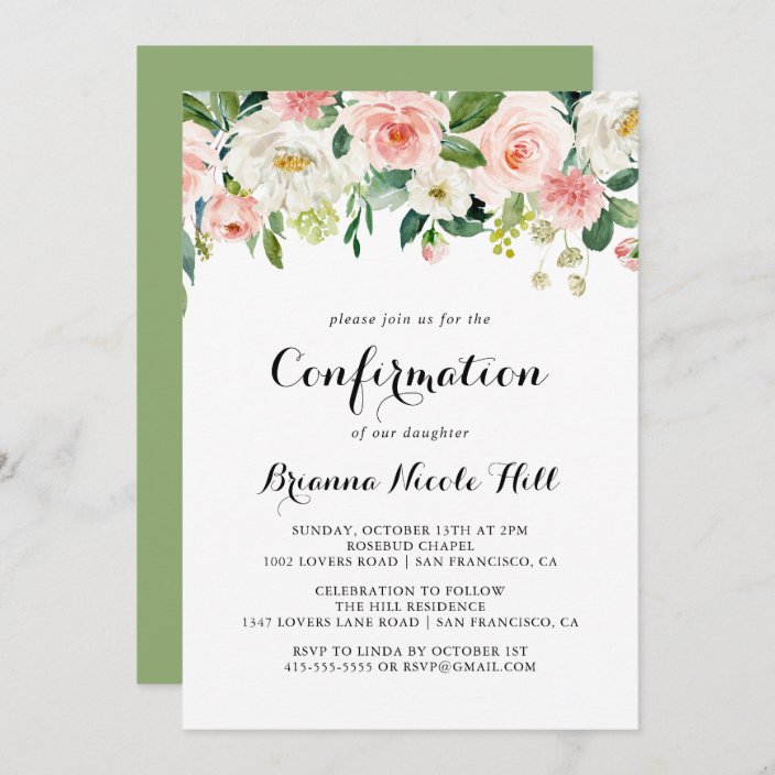 Simple Floral Green Calligraphy Confirmation Invitation | Zazzle.com