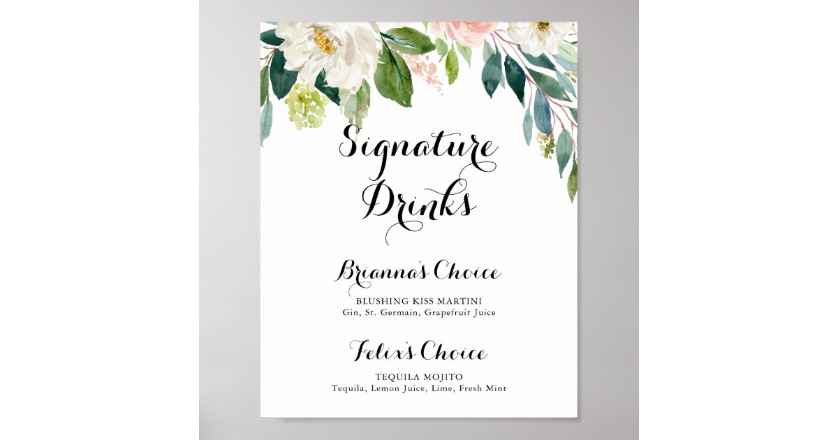 Simple Floral Green Foliage Signature Drinks Sign | Zazzle