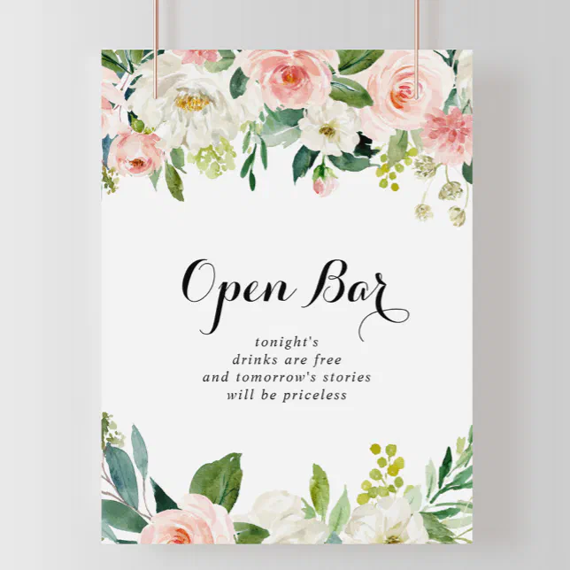 Simple Floral Green Foliage Wedding Open Bar Sign | Zazzle