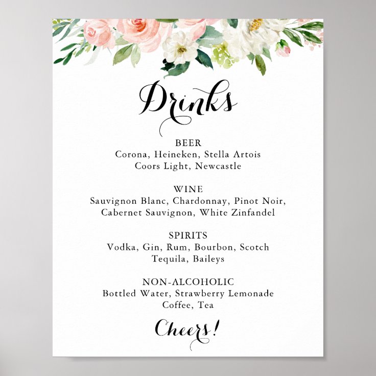 Simple Floral Green Wedding Drinks Menu Sign | Zazzle