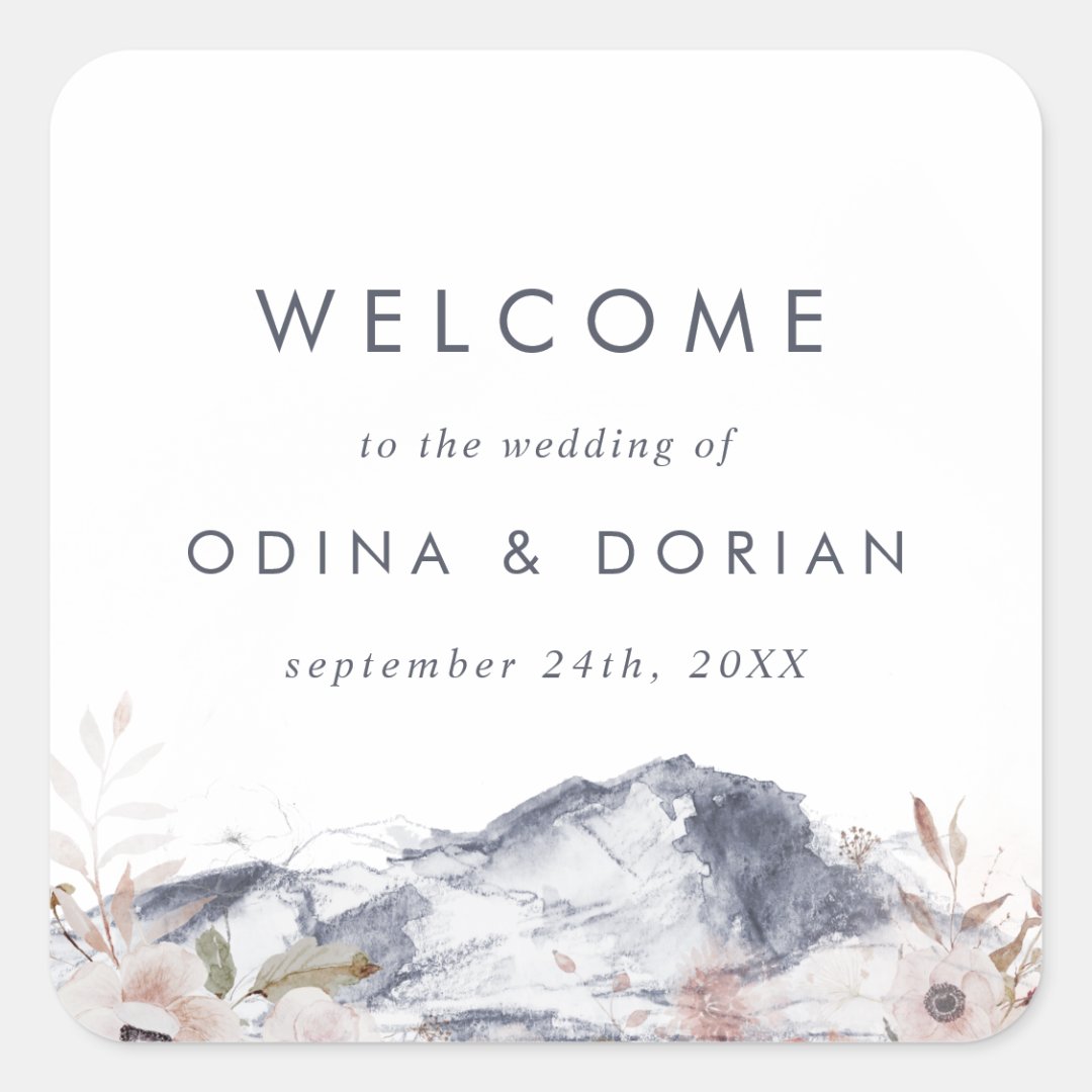 Simple Floral Mountain Wedding Welcome Square Sticker | Zazzle