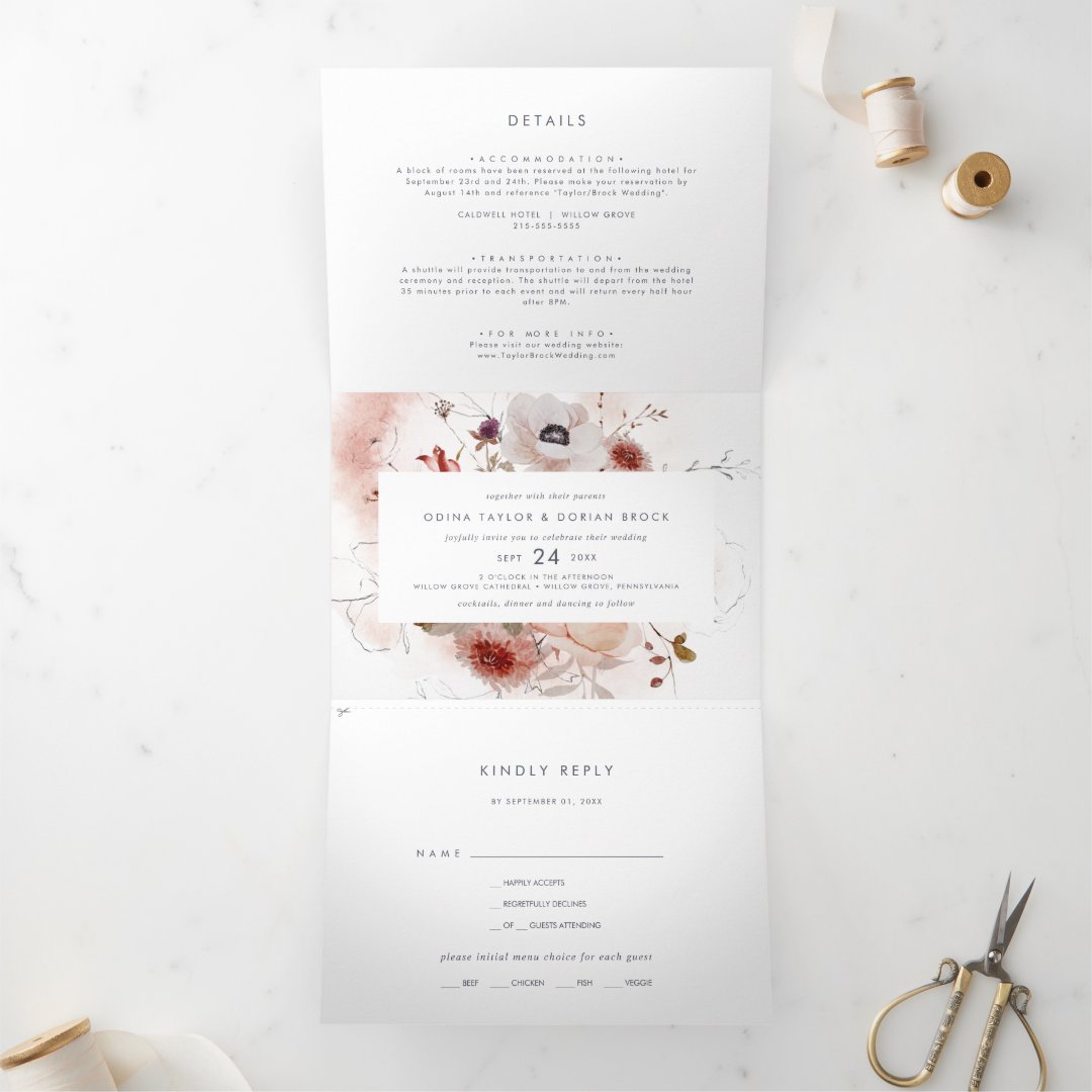 Simple Floral Photo Wedding All In One Tri-Fold Invitation | Zazzle