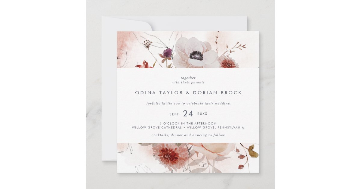 Simple Floral Square Wedding Invitation | Zazzle