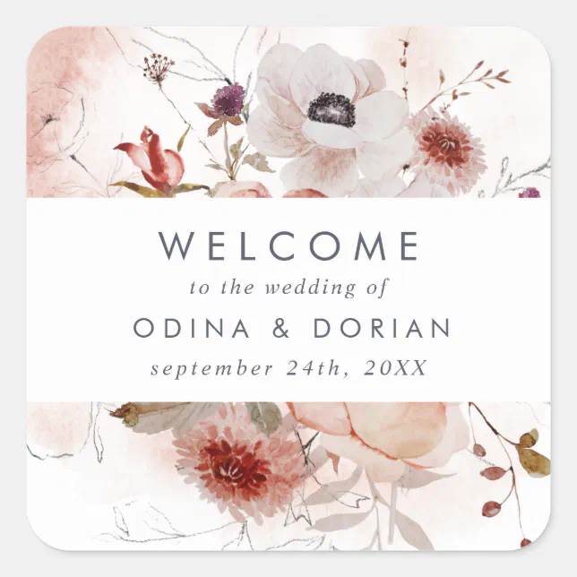Simple Floral Wedding Welcome Square Sticker | Zazzle