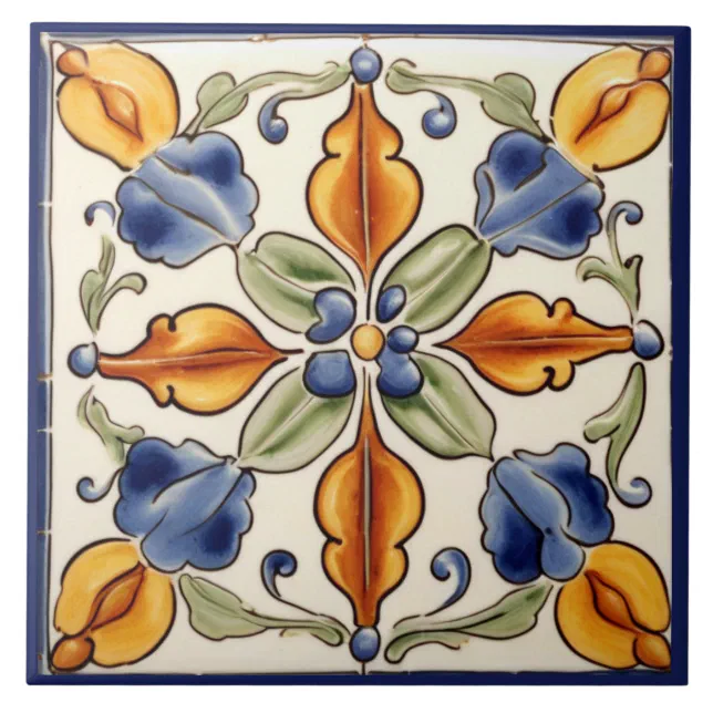 Simple Flower Mediterranean Blue Cream Floral Ceramic Tile | Zazzle