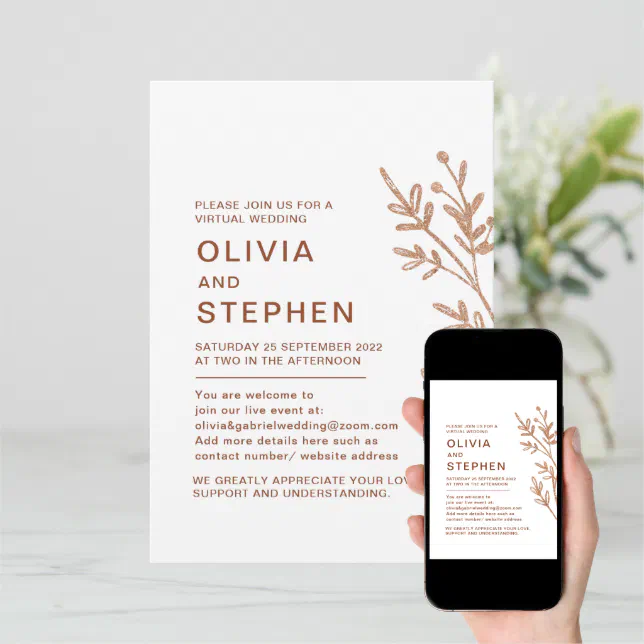 Simple foliage. Modern Virtual Wedding Ceremony Invitation | Zazzle