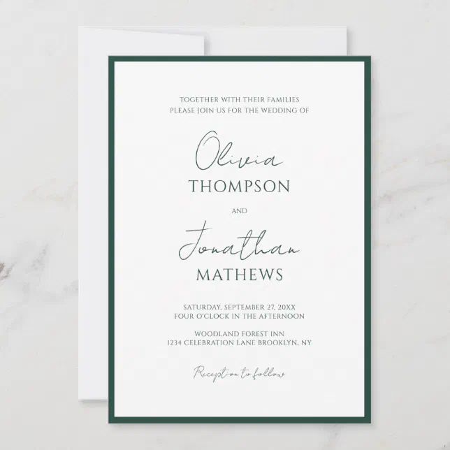 Simple Forest Green Border Script Wedding Invitation | Zazzle