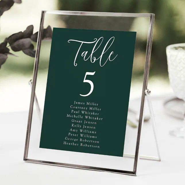Simple Forest Green Table Number Seating Chart | Zazzle