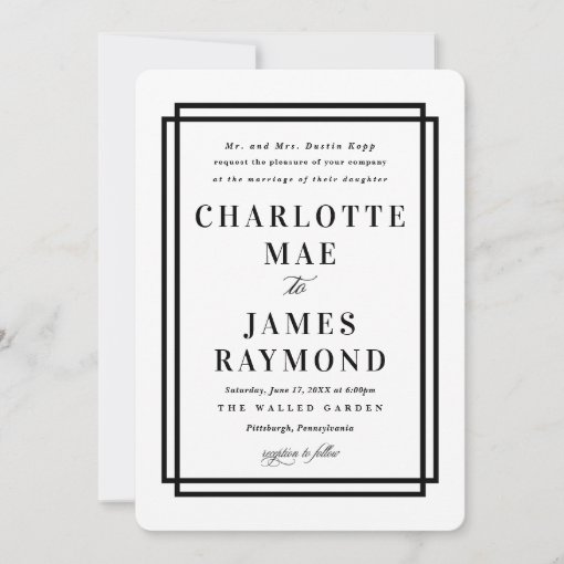 Simple Frame Black Classic Wedding Invitation | Zazzle