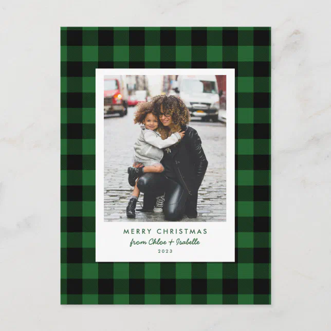 Simple Frame Green Buffalo Plaid Christmas Photo Postcard | Zazzle