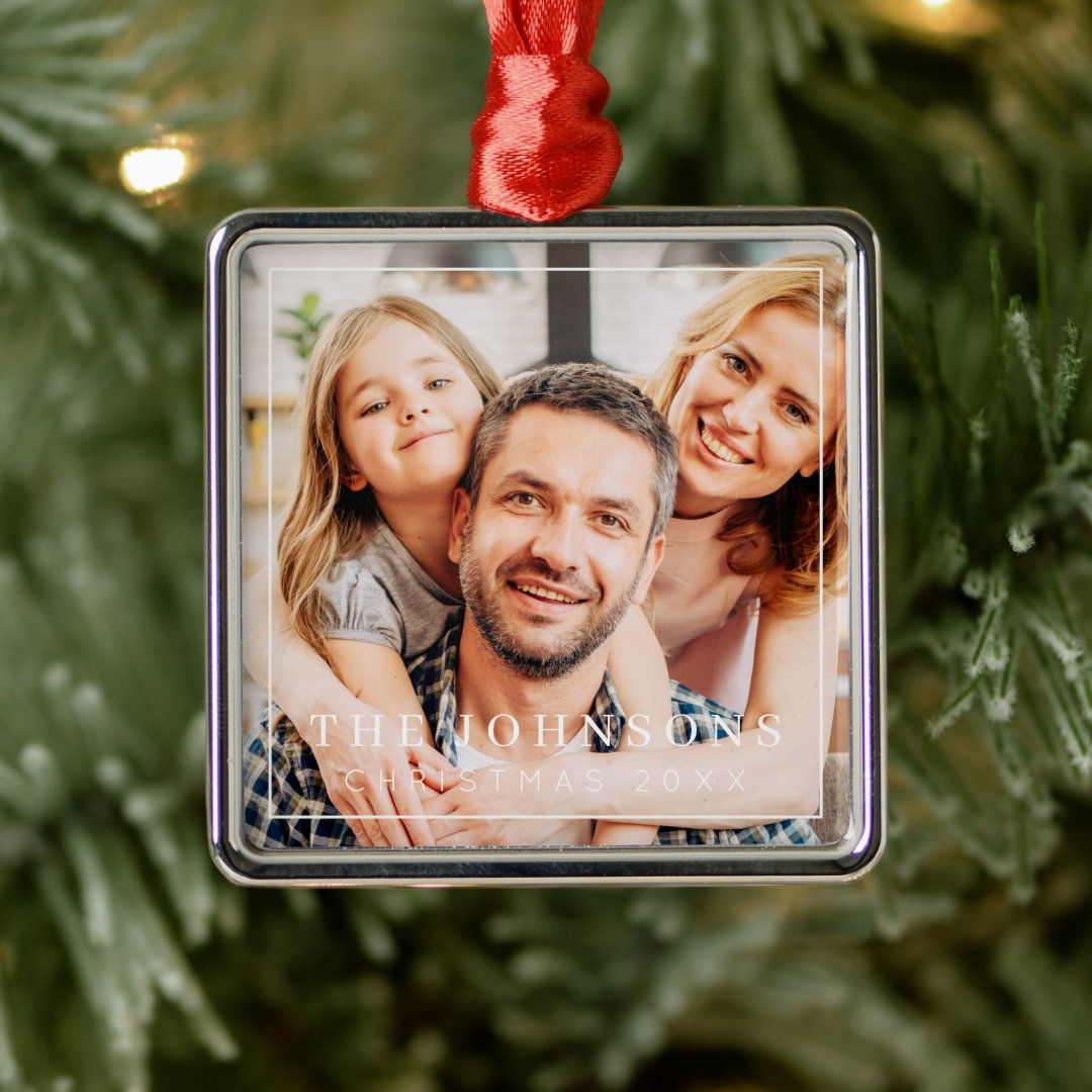 Simple Frame Modern Chic Family Photo Holiday Metal Ornament | Zazzle