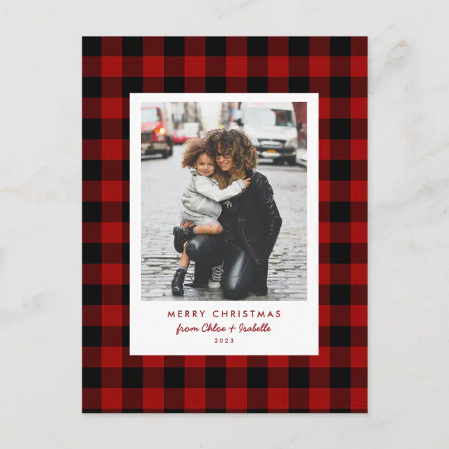 Simple Frame Red Buffalo Plaid Christmas Photo Postcard | Zazzle
