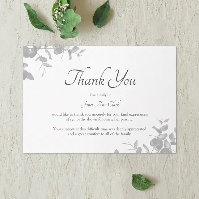 Simple Funeral Thank You Note Card with Leaves | Zazzle