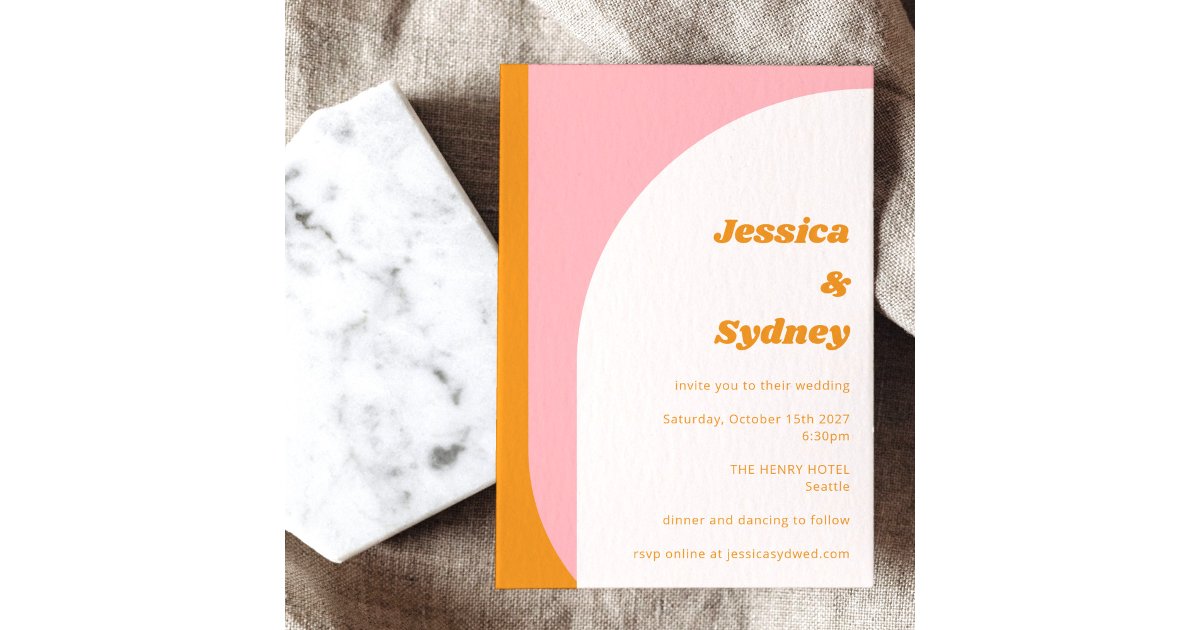 Simple Geometric Arch Pink and Orange Wedding Invitation | Zazzle