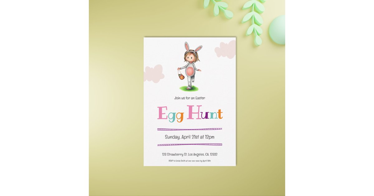 Simple Girl with Bunny Costume Easter Egg Hunt Inv Invitation | Zazzle