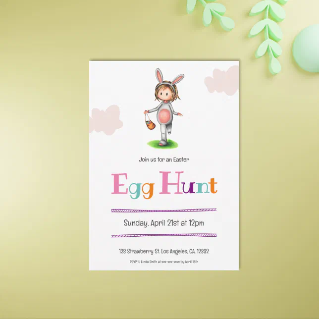 Simple Girl with Bunny Costume Easter Egg Hunt Inv Invitation | Zazzle