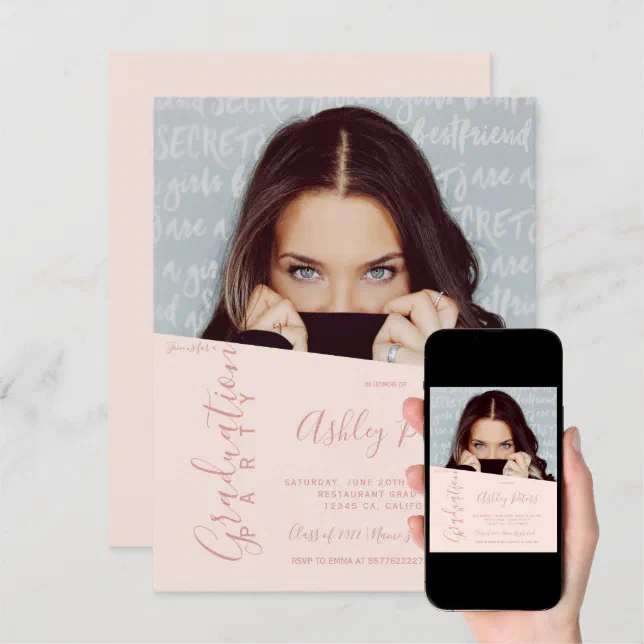 Simple girly typography blush photo graduation invitation | Zazzle