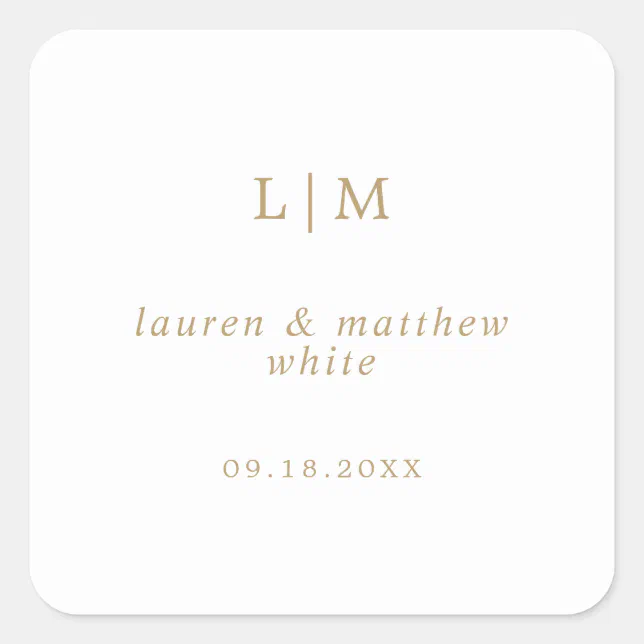 Simple Gold and White Monogram Wedding Square Sticker | Zazzle