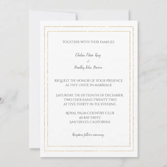 Simple Gold Borders Wedding Invitation | Zazzle