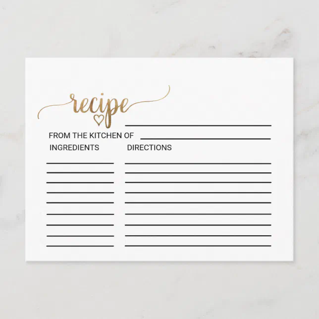 Simple Gold Calligraphy Bridal Shower Recipe Cards | Zazzle