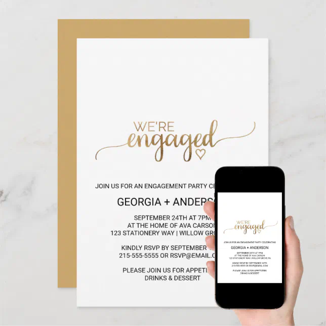 Simple Gold Calligraphy Engagement Party Invitation | Zazzle
