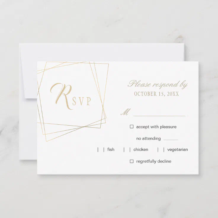 Simple gold calligraphy geometric frame wedding RSVP card | Zazzle