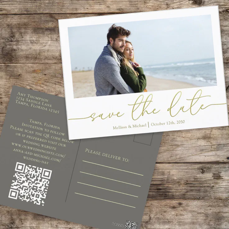 Simple Gold Calligraphy Modern Photo QR Code Postcard | Zazzle