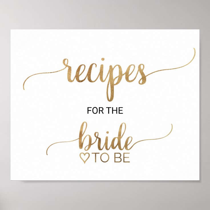 Simple Gold Calligraphy Recipes for the Bride Sign | Zazzle