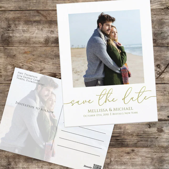 Simple Gold Calligraphy Script Modern Two Photo Postcard | Zazzle