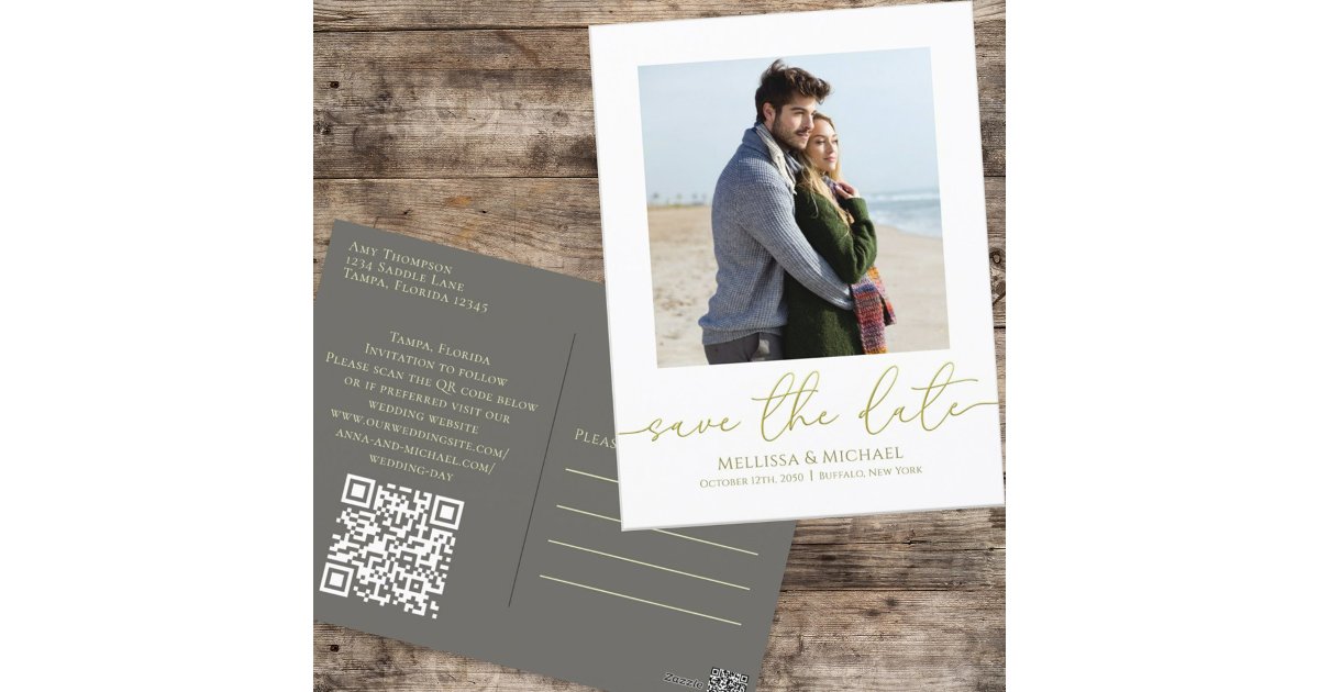 Simple Gold Calligraphy Script Photo QR Code Postcard | Zazzle