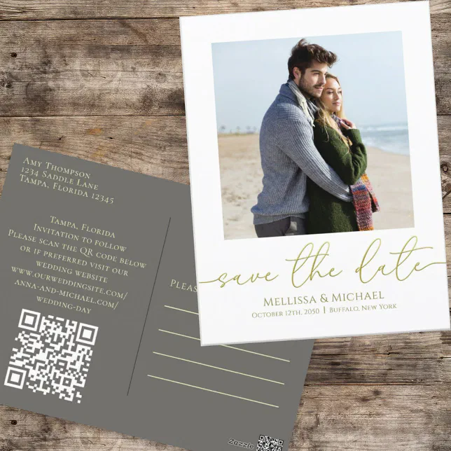 Simple Gold Calligraphy Script Photo QR Code Postcard | Zazzle