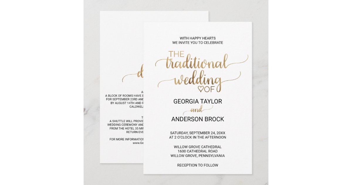 Simple Gold Calligraphy Traditional Wedding Invitation | Zazzle
