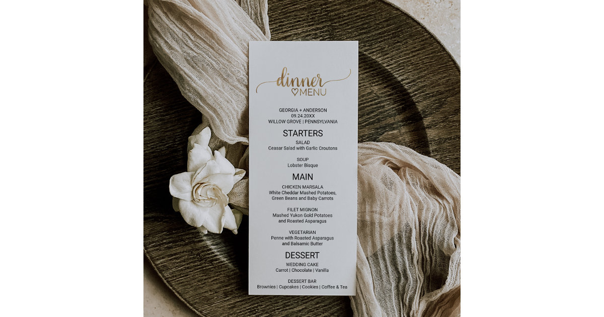 Simple Gold Calligraphy Wedding Menu | Zazzle