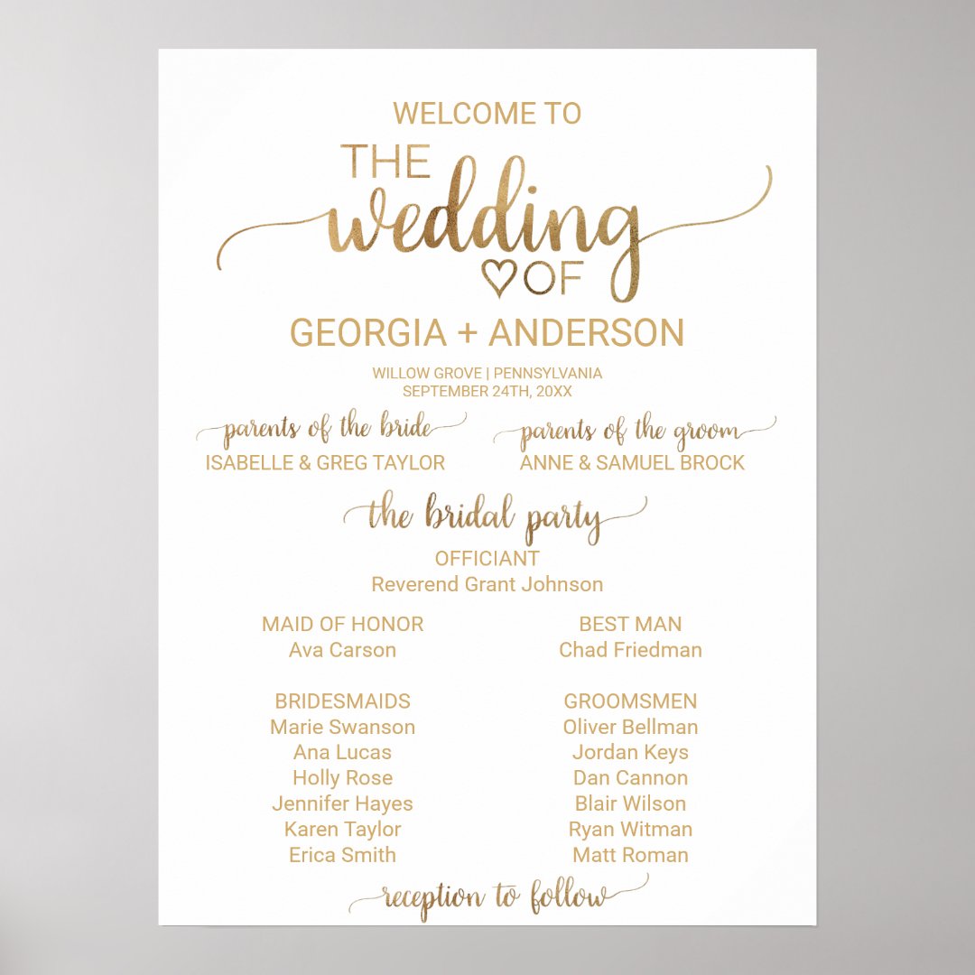 Simple Gold Calligraphy Wedding Program Poster | Zazzle
