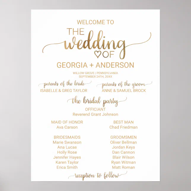 Simple Gold Calligraphy Wedding Program Poster | Zazzle
