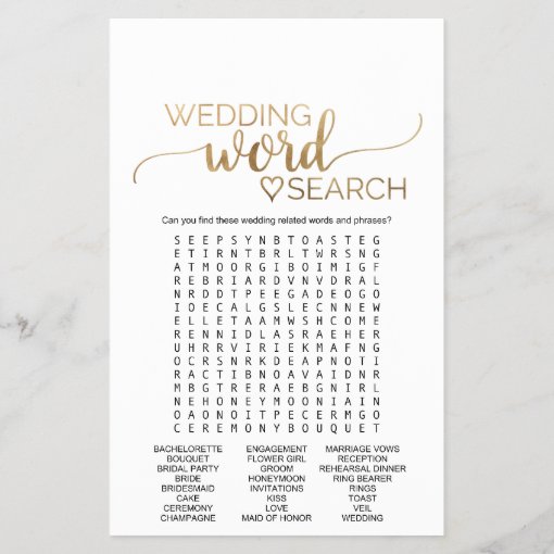 Simple Gold Calligraphy Wedding Word Search Game | Zazzle