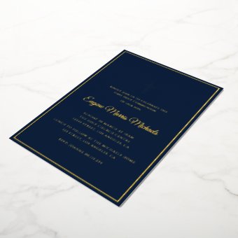 simple gold cross blue first communion foil invitation | Zazzle