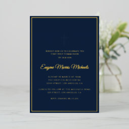 simple gold cross blue first communion foil invitation | Zazzle