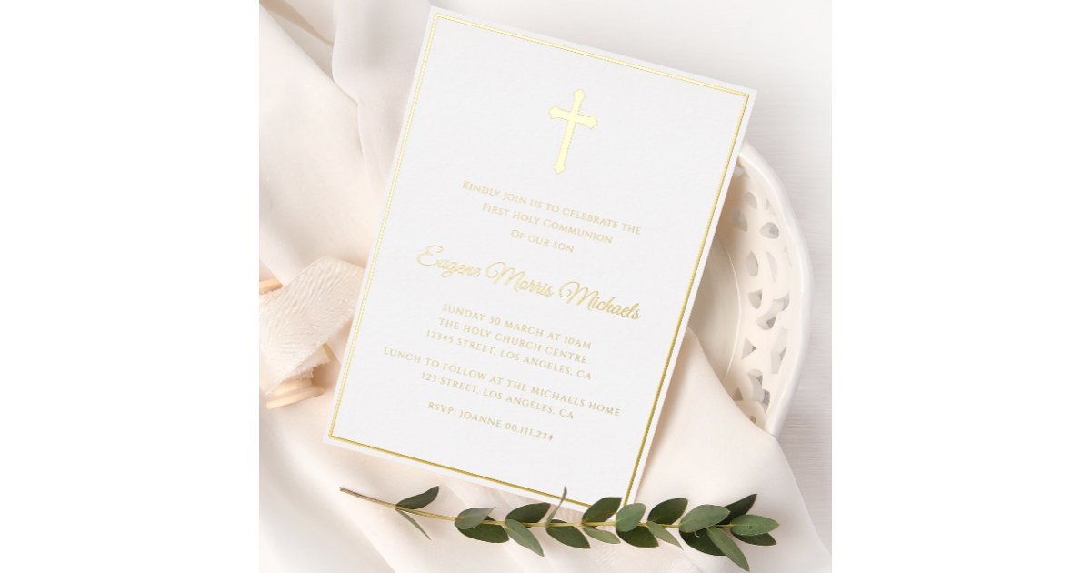 simple gold cross first communion foil invitation | Zazzle